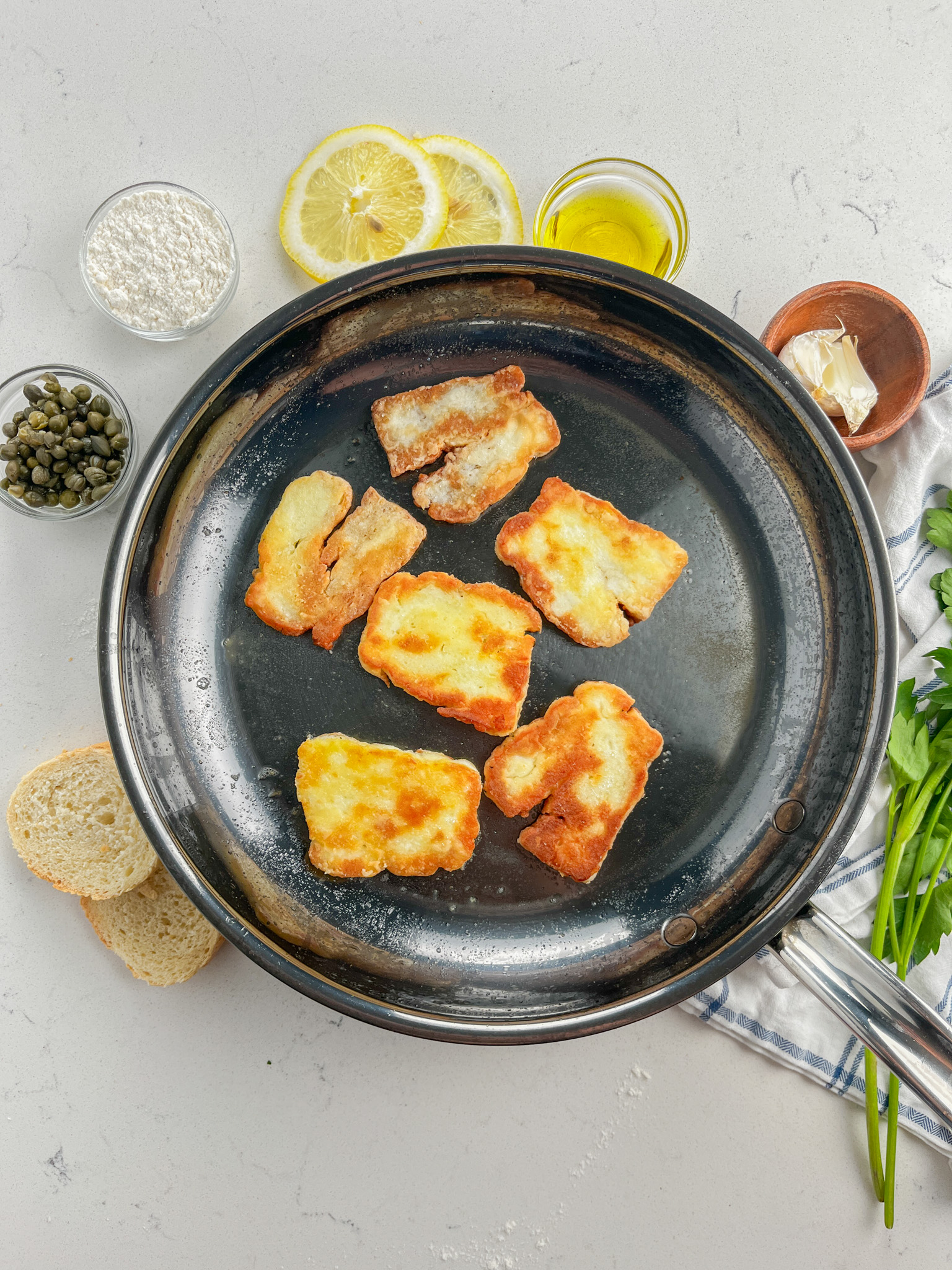 Fried Halloumi Crostini with Lemon Caper Oil - Life's Ambrosia